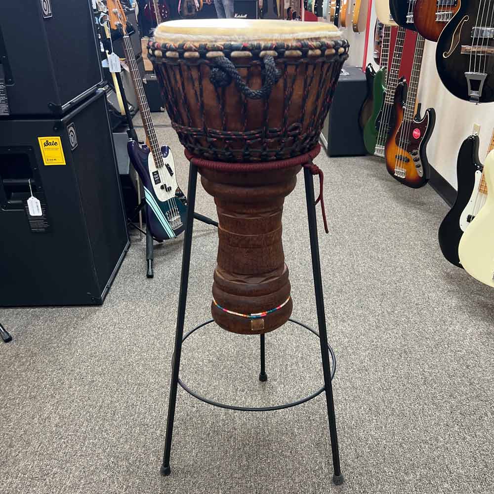African Tempo Rope Tuned 12 in. Hide Djembe Drum w/ Stand and Bag (Pre ...